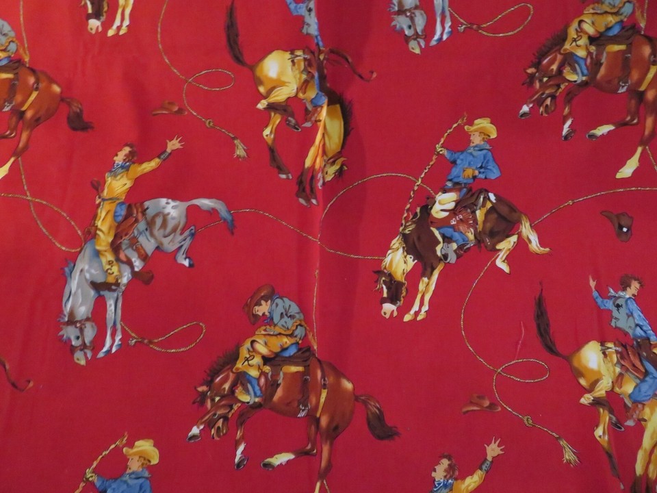 Vintage Cowboy Bucking Broncos on True RED Alaxander Henry Never Used ...