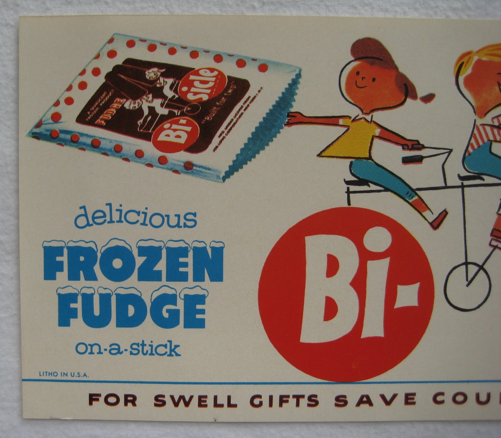 Vintage 1958 Bi-Sicle Frozen Fudge Pops Store Display Advertising Litho ...