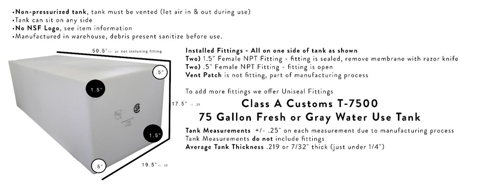 75 Gallon Fresh Water Holding Tank Camper Trailer Concession RV FDA NEW ...