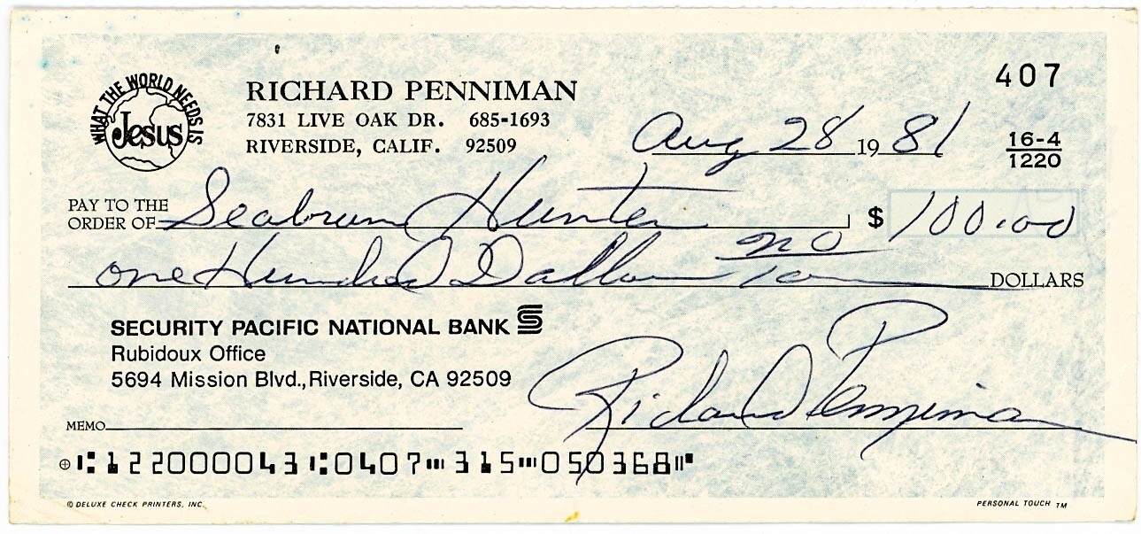 Little Richard (Penniman) signed check 1981 for $100 | eBay