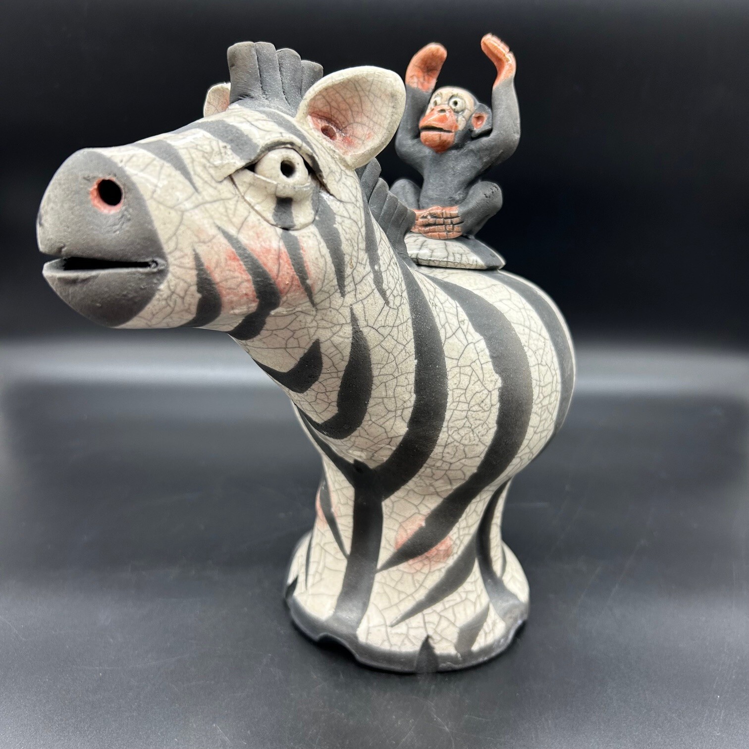 Peter Alsen Raku Pottery Oregon Zebra with Monkey Vessel Whimsical ...