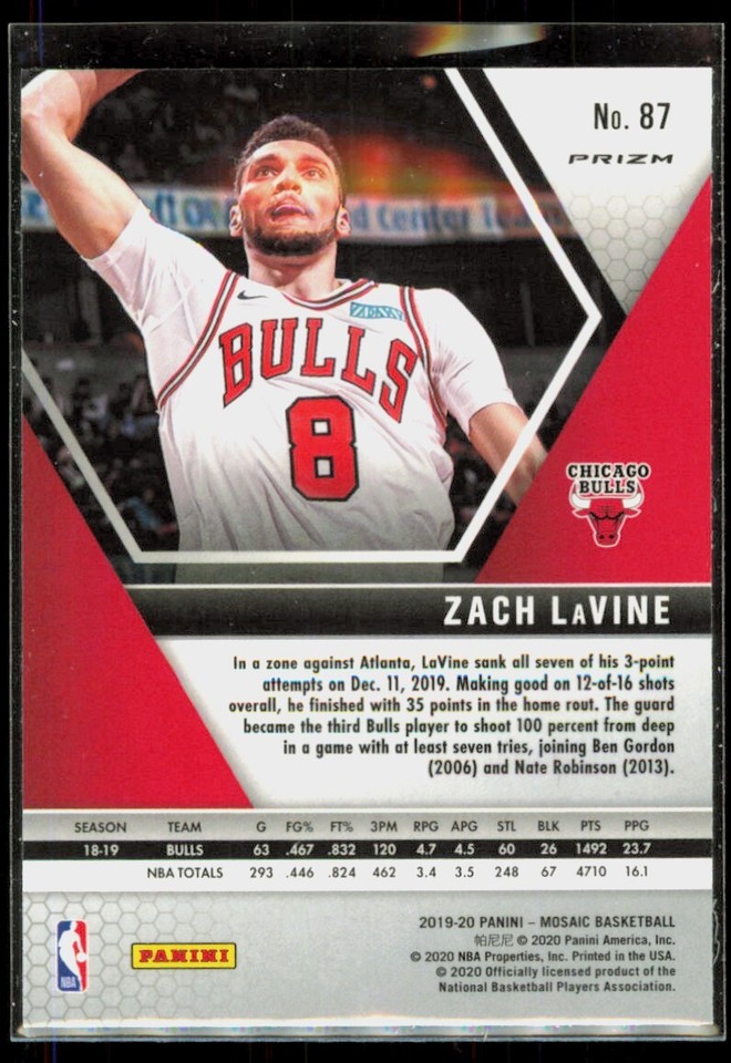 2019-20 Panini Mosaic Zach Lavine Chicago Bulls #87 Green Prizm ...