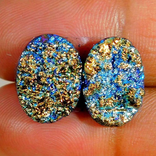 09.90Cts. Natural Rainbow Titanium Druzy Quartz Pair Oval Cabochon ...