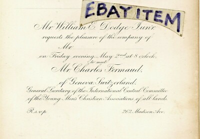 1883 INVITATION William E Dodge CHARLES FERMAUD Geneva Switzerland YMCA ...