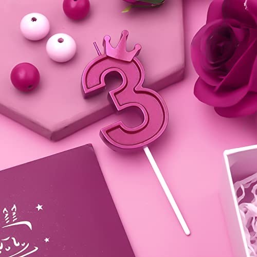 Dark Pink Number 3 Princess Crown 3rd Birthday Candle Cake Topper Party ...
