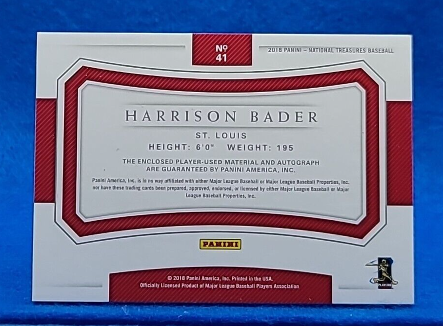 2018 National Treasures Harrison Bader RC Rookie Patch Auto Autograph ...