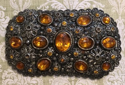 Vtg New England Glassworks Etruscan Filigree Amber Topaz Glass Brooch ...