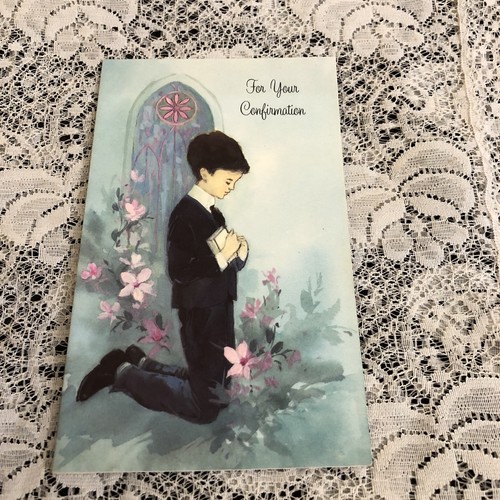 Vintage Greeting Card Confirmation cute boy flowers Praying | eBay