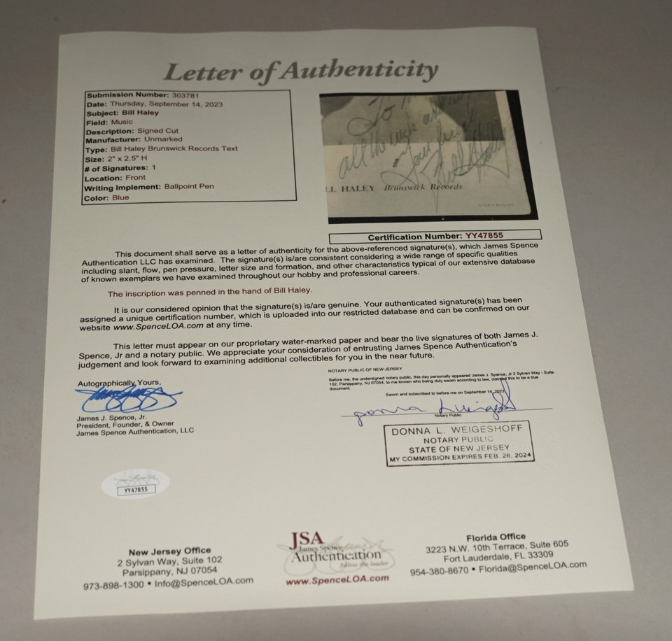 BILL HALEY ROCK AND ROLL AUTOGRAPH SIGNED CUT SIGNATURE WITH JSA LETTER ...
