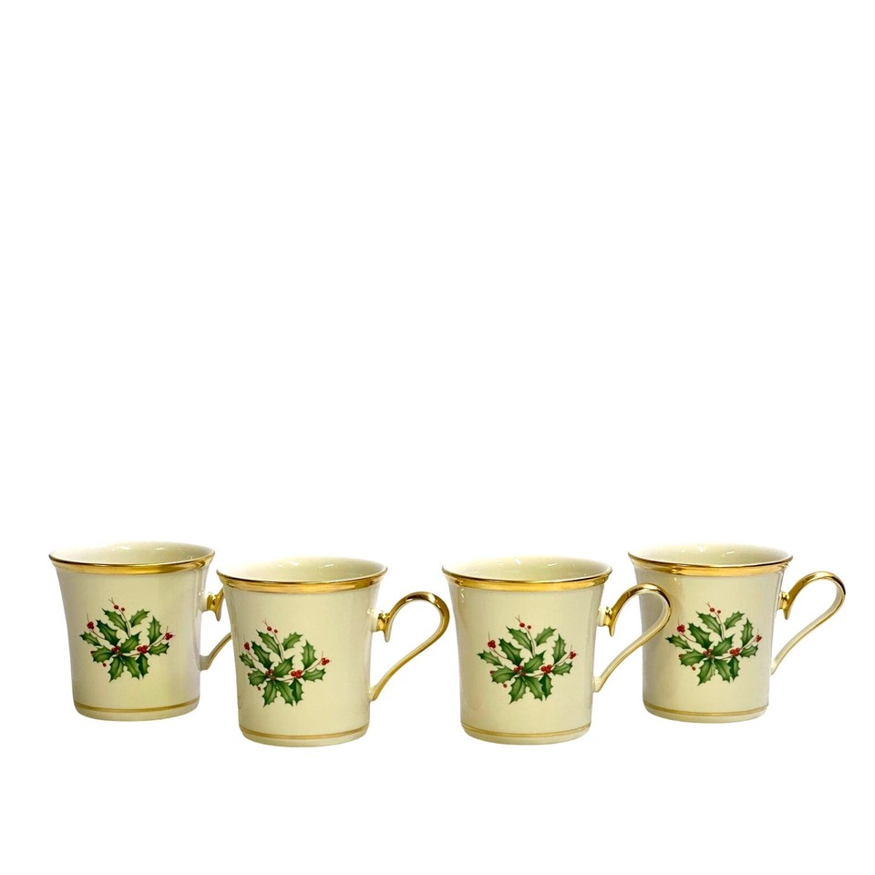 Lenox Holiday Dimension Flat Cups/Mugs Holly and Berry Ivory Gold Trim ...
