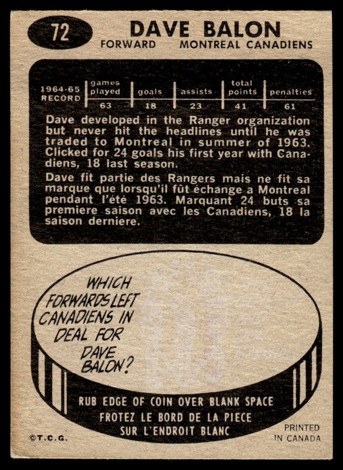 1965-66 Topps Hockey VG-EX Dave Balon Montreal Canadiens #72 | eBay