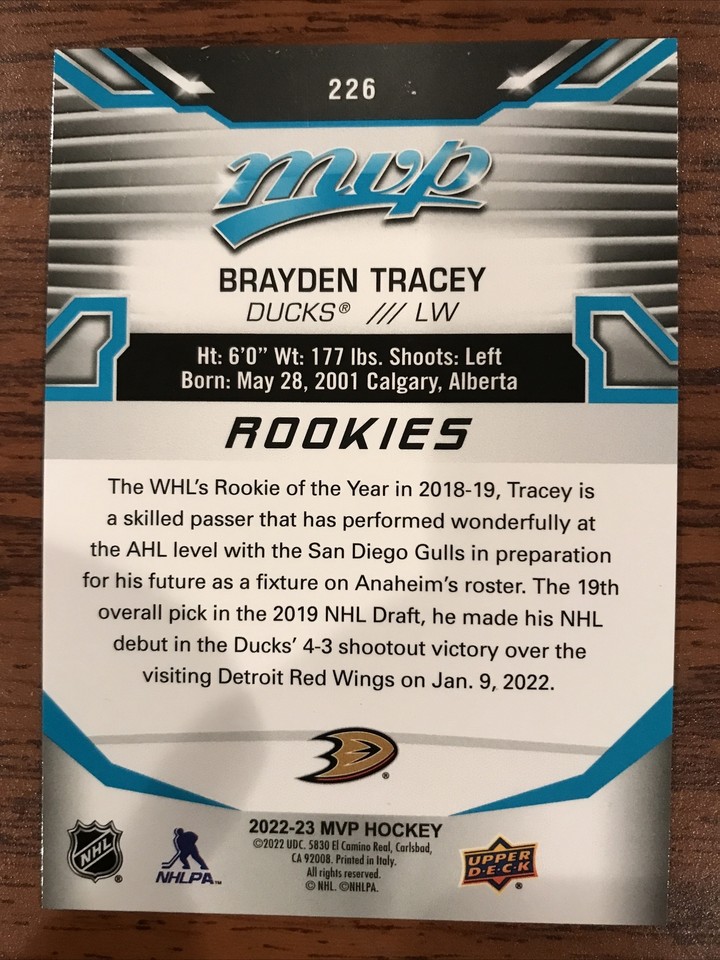 2022-23 Upper Deck MVP Brayden Tracey Short Print #226 SP RC Ducks | eBay