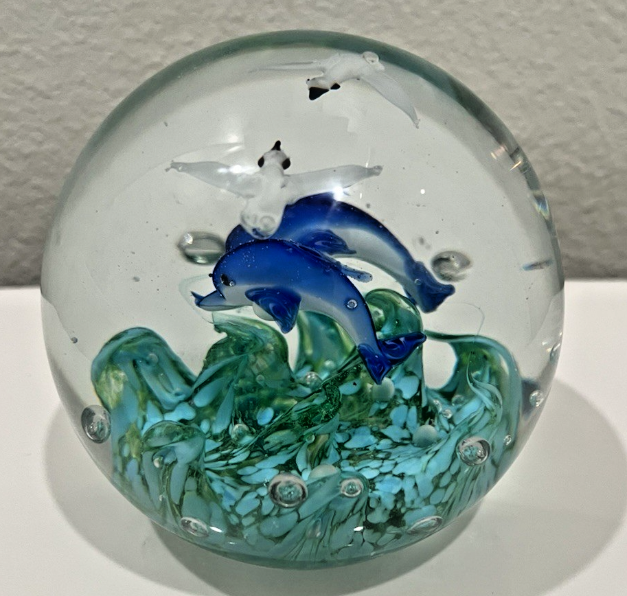 Vintage Paperweight Dolphins Seagulls Art Glass Paperweight Controlled ...