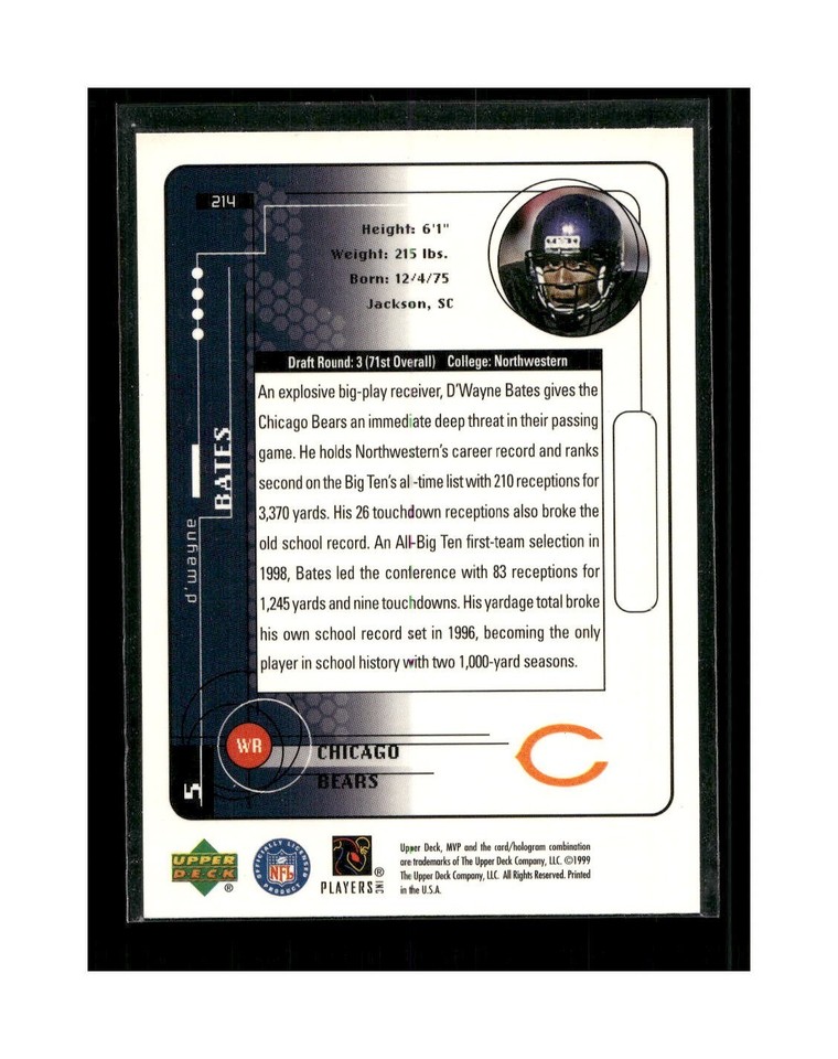 1999 Upper Deck MVP Football Card #214 D'Wayne Bates Rookie | eBay