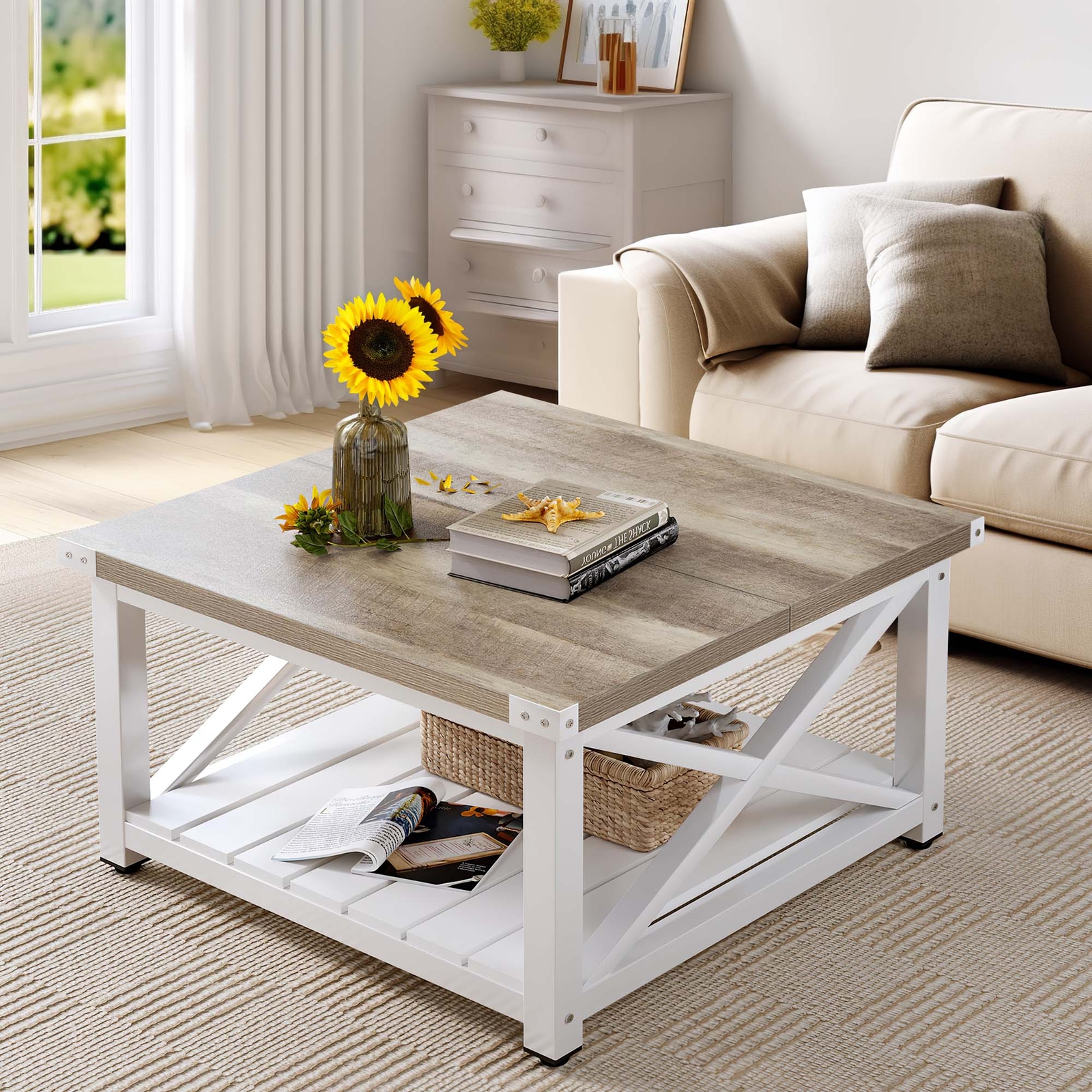 Modern Farmhouse Coffee Table Wood Square Center Table with Open ...