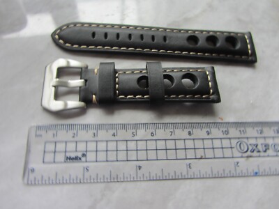 22mm Black Race Rally Rallye Genuine Soft Padded Leather Watch Strap ...