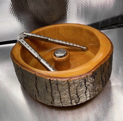 Wooden Handmade Nut Bowl With Nutcracker Tree Log Real Bark. Natural ...