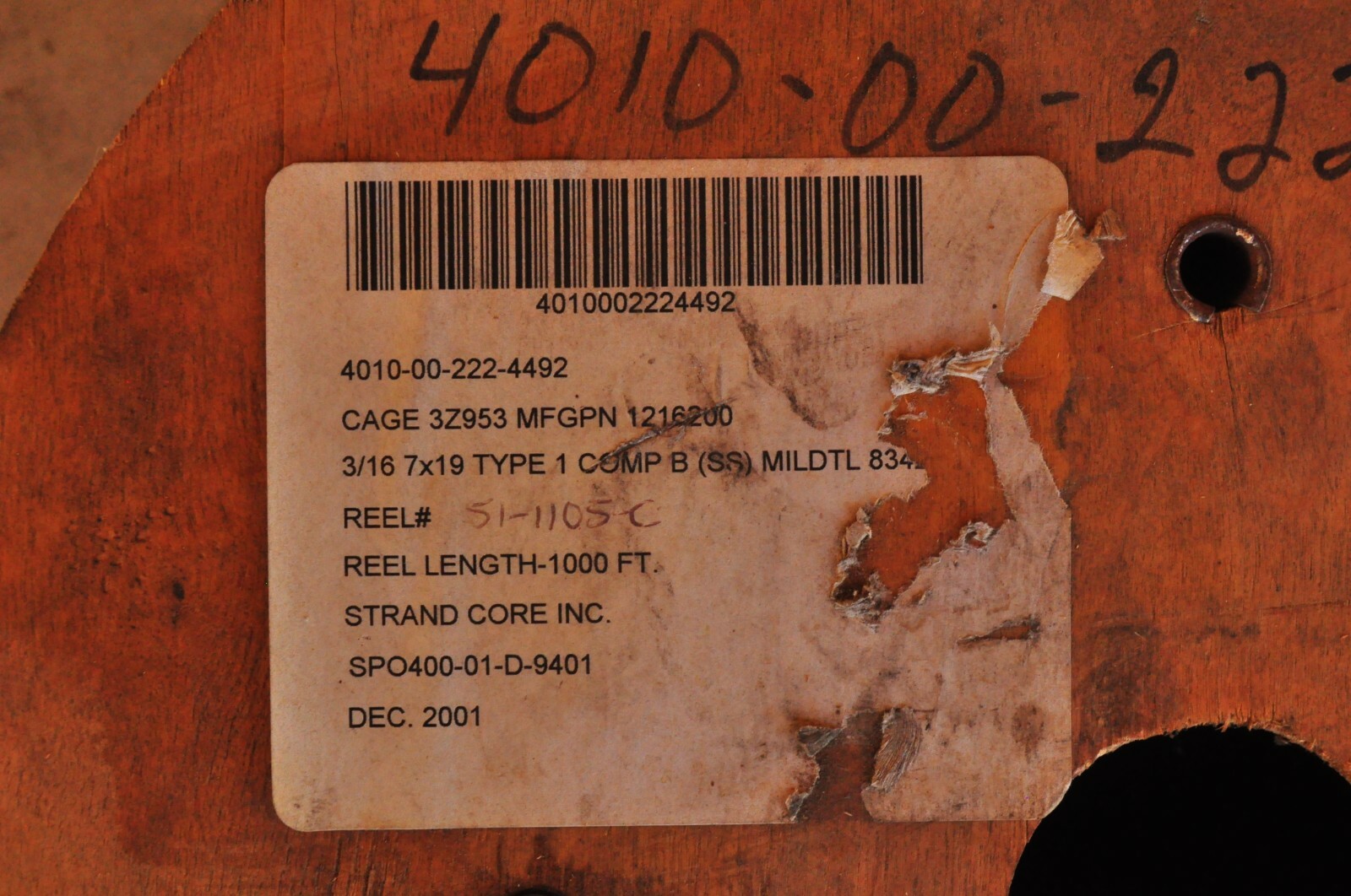 3/16" WIRE Rope 7x19 mil spec m83420/2 NSN 4010-00-422-4492 AIRCRAFT ...