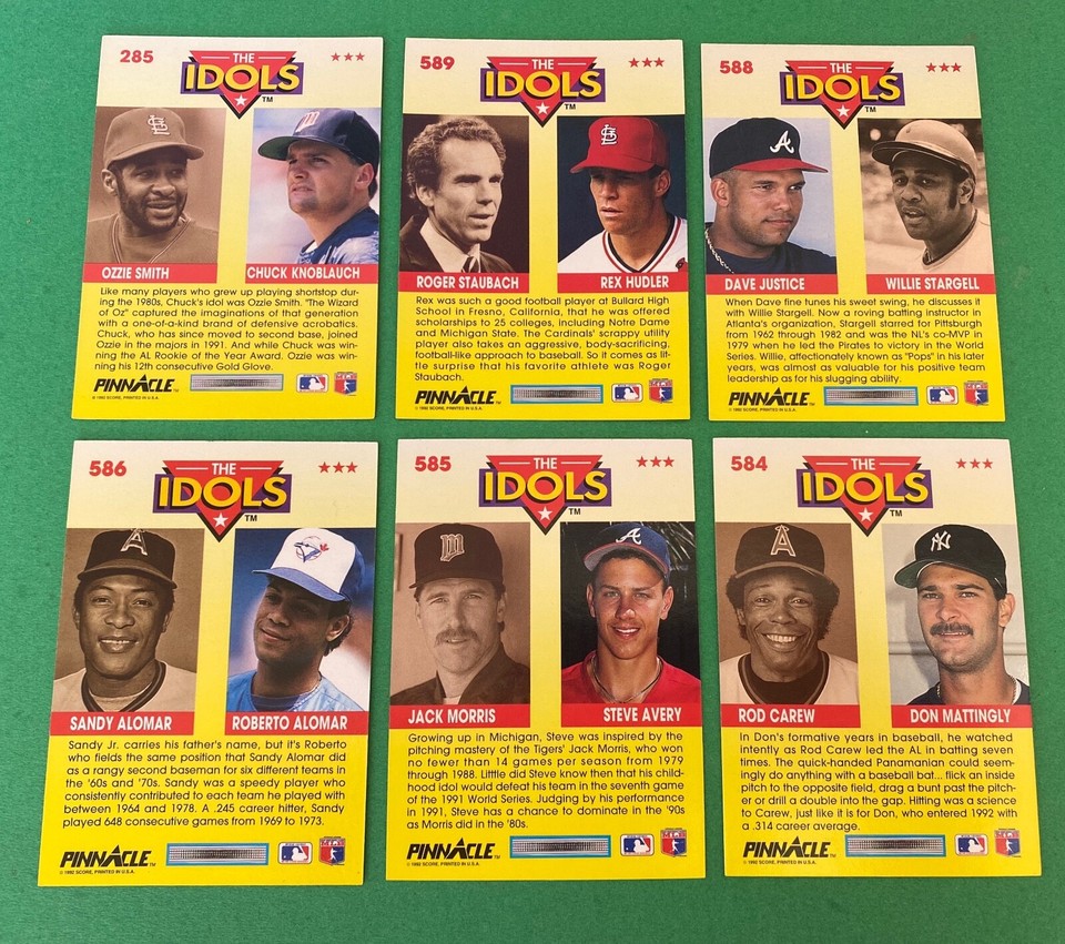 Lot of 6 1992 Pinnacle Rookie Idols: Alomar, Carew, Justice, Avery ...