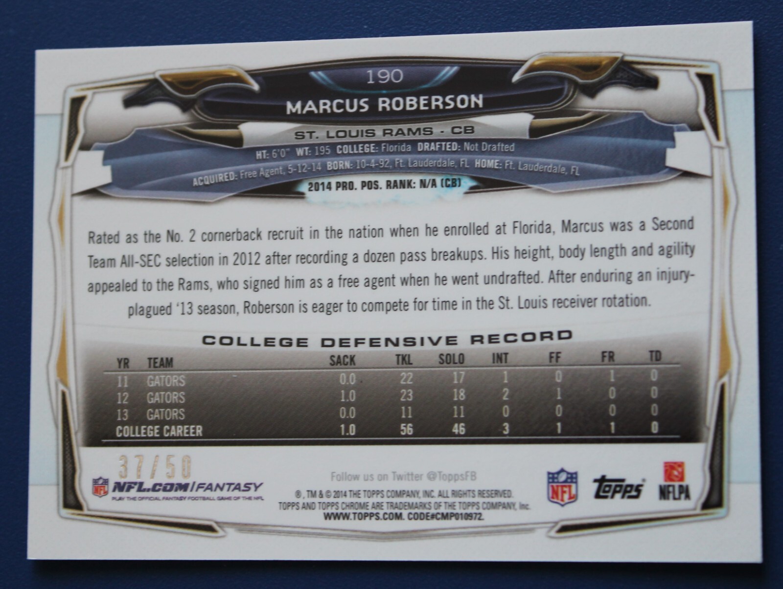 2014 Topps Chrome Marcus Robertson 37/50 RC #190 | eBay