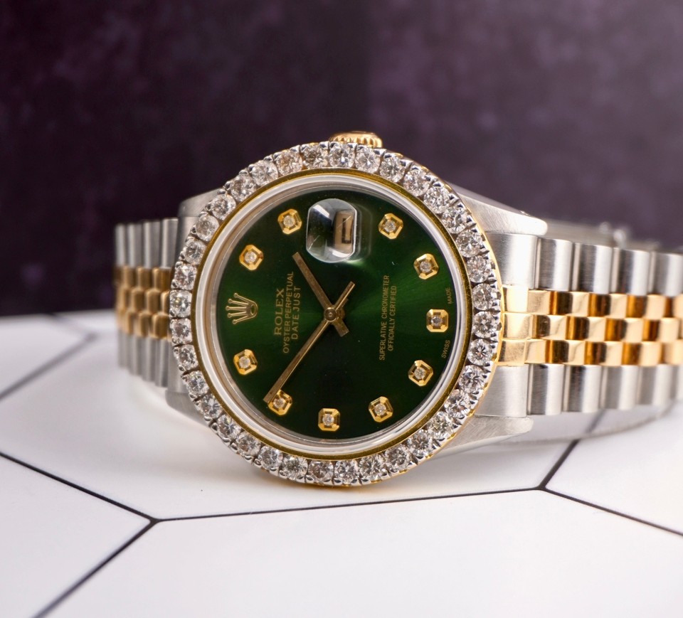 Rolex Datejust 36mm YG/Steel 2.25ct Diamonds Green Dial Hidden Clasp ...