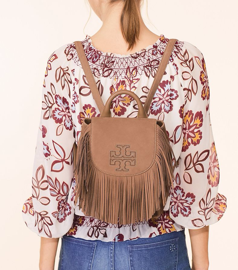 NWT Tory Burch Harper Fringe Suede Mini Backpack in Otter Brown OR Tory ...