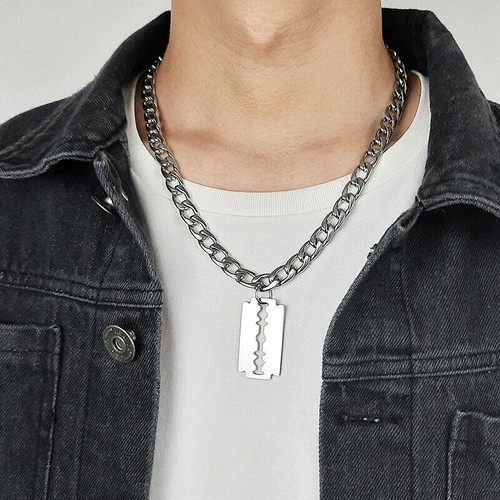20" Gothic Razor Blade Pendant Men's Necklace Choker Stainless Steel ...