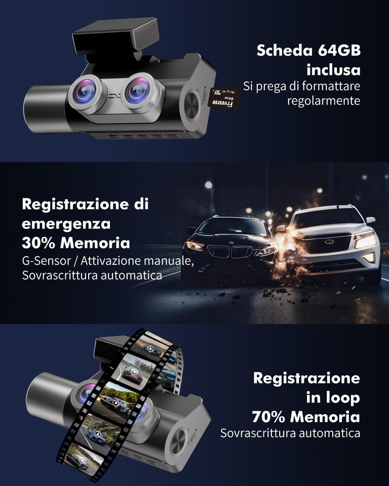 Dash Cam Auto 3 Canali, 4K UHD Anteriore + Full HD Posteriore + Interno ...
