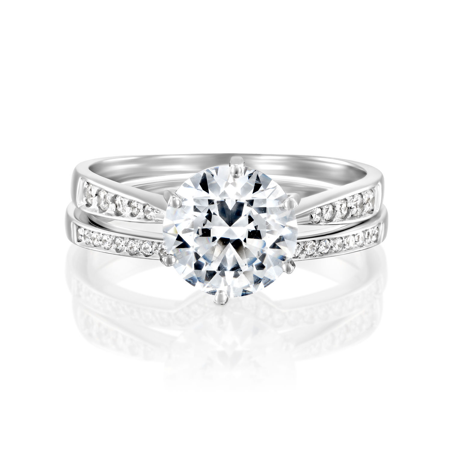 Shiny 14K White Gold Round Cut Diamond Engagement Ring Set 1.85 CT D ...