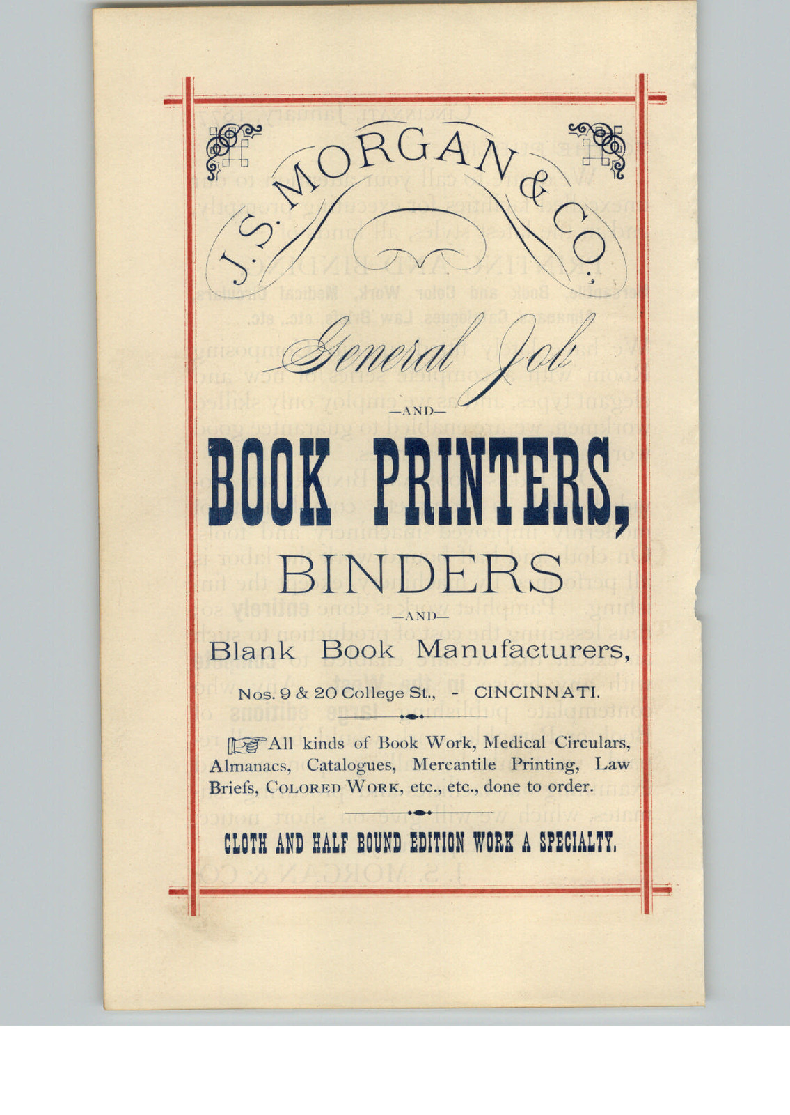 1876 PAPER AD J S Morgan & Co Book Printers Binders Cincinnati OH ...