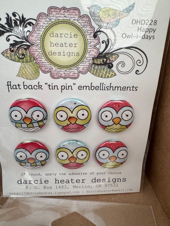 Darcie’s Heart & Home Rubber StampSet & 3 Sets of Tin Pins. “Happy Owl ...