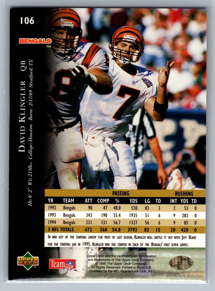 1995 Upper Deck Card # 106 David Klingler - Cincinnati Bengals | eBay