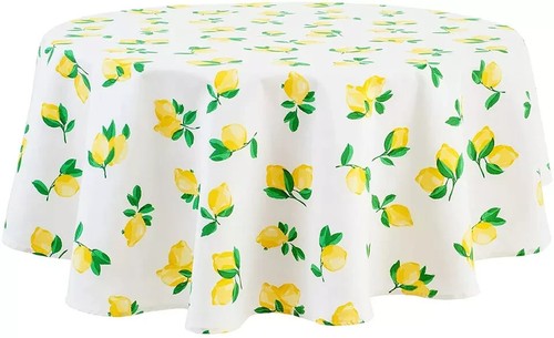 70'' ROUND Lemon Tablecloth 100% Cotton Spring Summer, White yellow ...