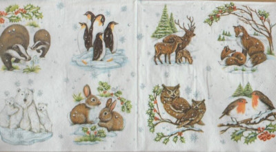3 Servietten ~ Tiere im Winter Eule Reh Rotkehlchen Schnee | eBay