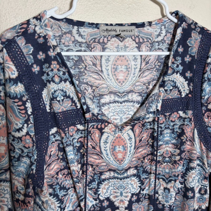 Absolutely Famous Blouse Women's Large V-Neck 3/4 Sleeve Tie Boho Shirt ...