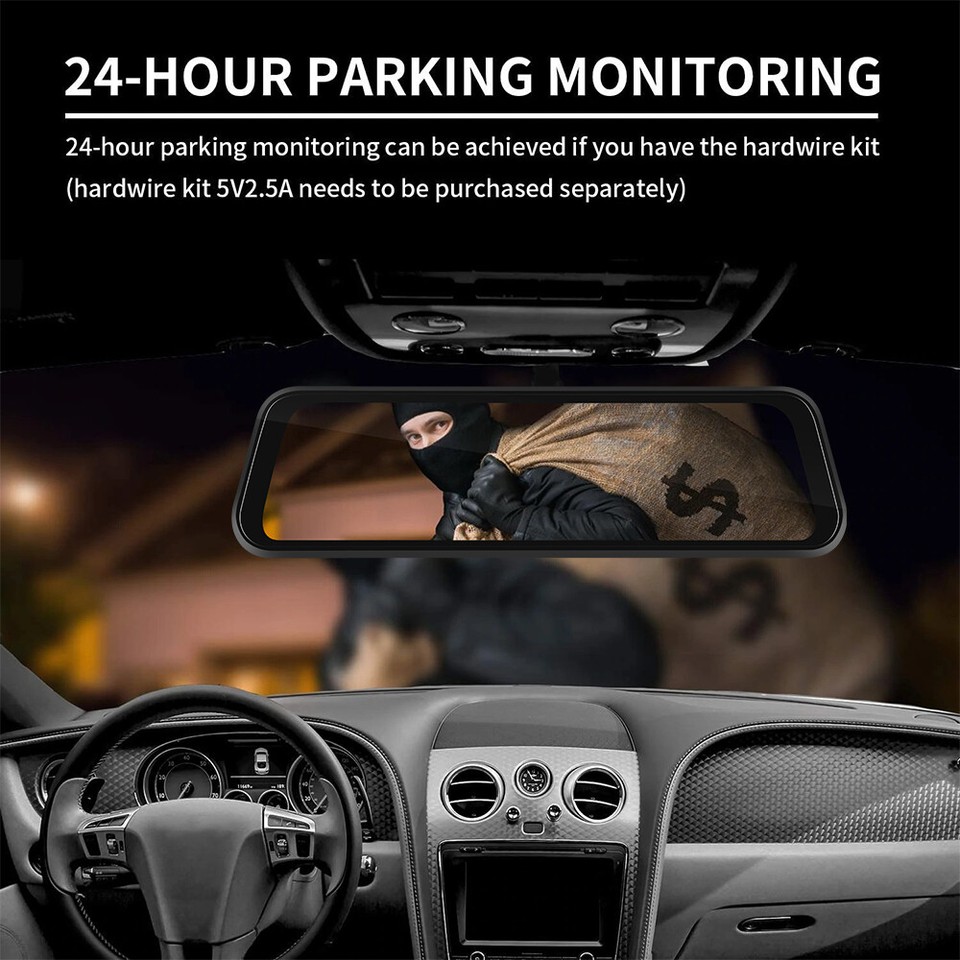 9.66" Rear View Mirror Dash Cam Wireless Apple CarPlay Android Auto GPS ...