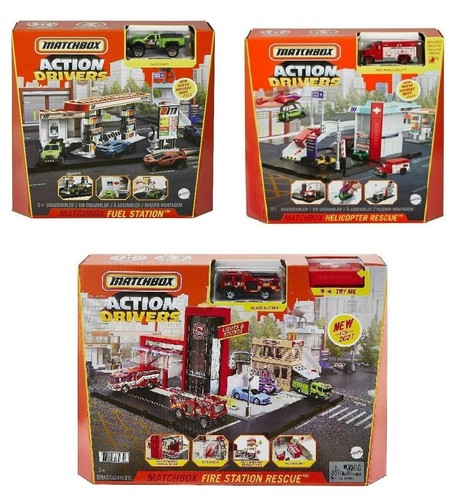 Matchbox Action Drivers Playset Fire, Petrol, Helicopter Rescue Light ...