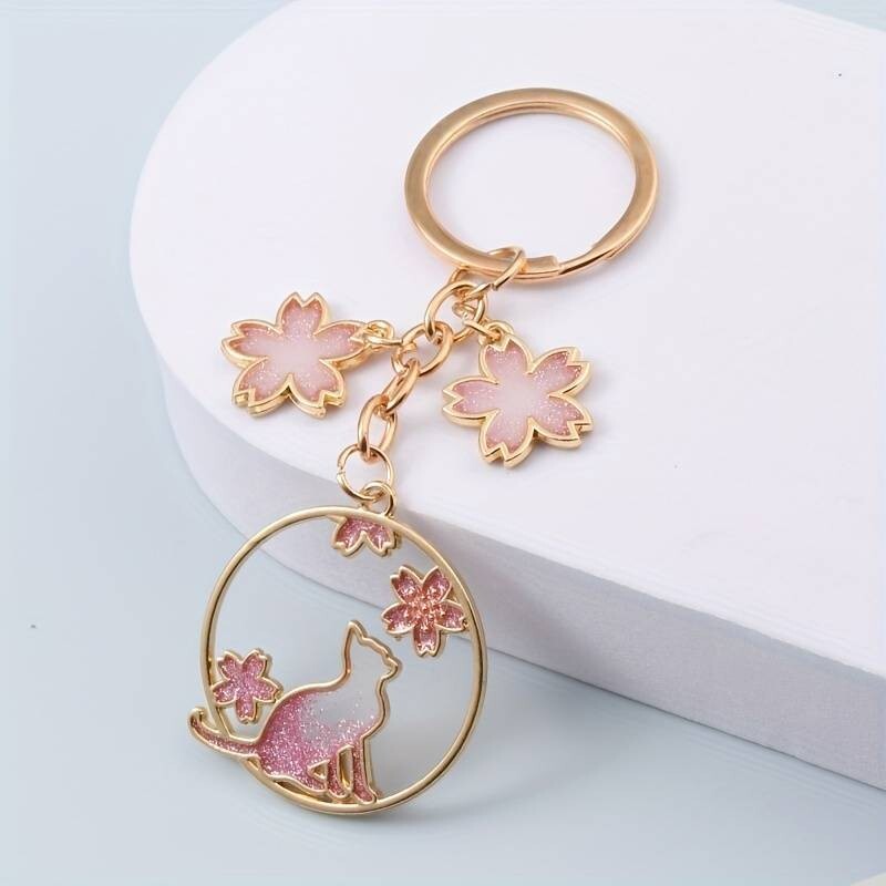 Sakura Flower Cat Keychain Glitter Cute Animal Key Ring Car Key Charm ...