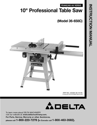 Delta 36-650C 10" Professional Table Saw Instruction Manual | eBay
