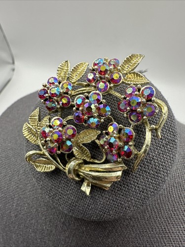 Vintage CORO Goldtone & Red AB Crystal Rhinestone Round Flower Brooch ...