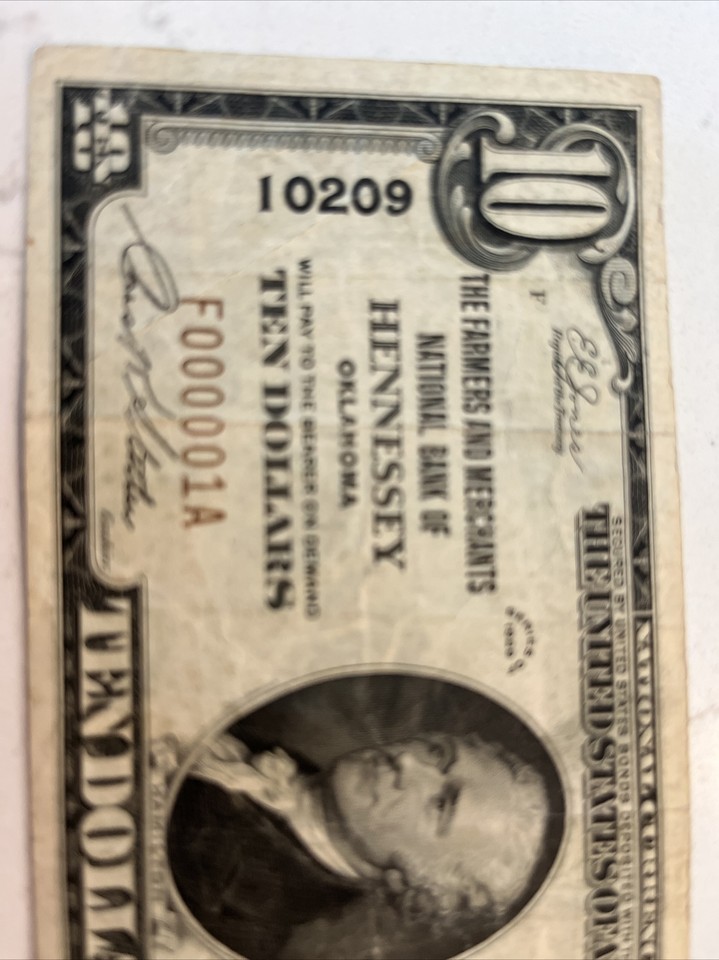 1929 $10 Farmers & Merchants Bank Note Hennessey OK Oklahoma Serial ...