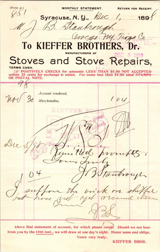 Kieffer Brothers Syracuse NY 1898 Billhead Stoves & Stove Repair | eBay