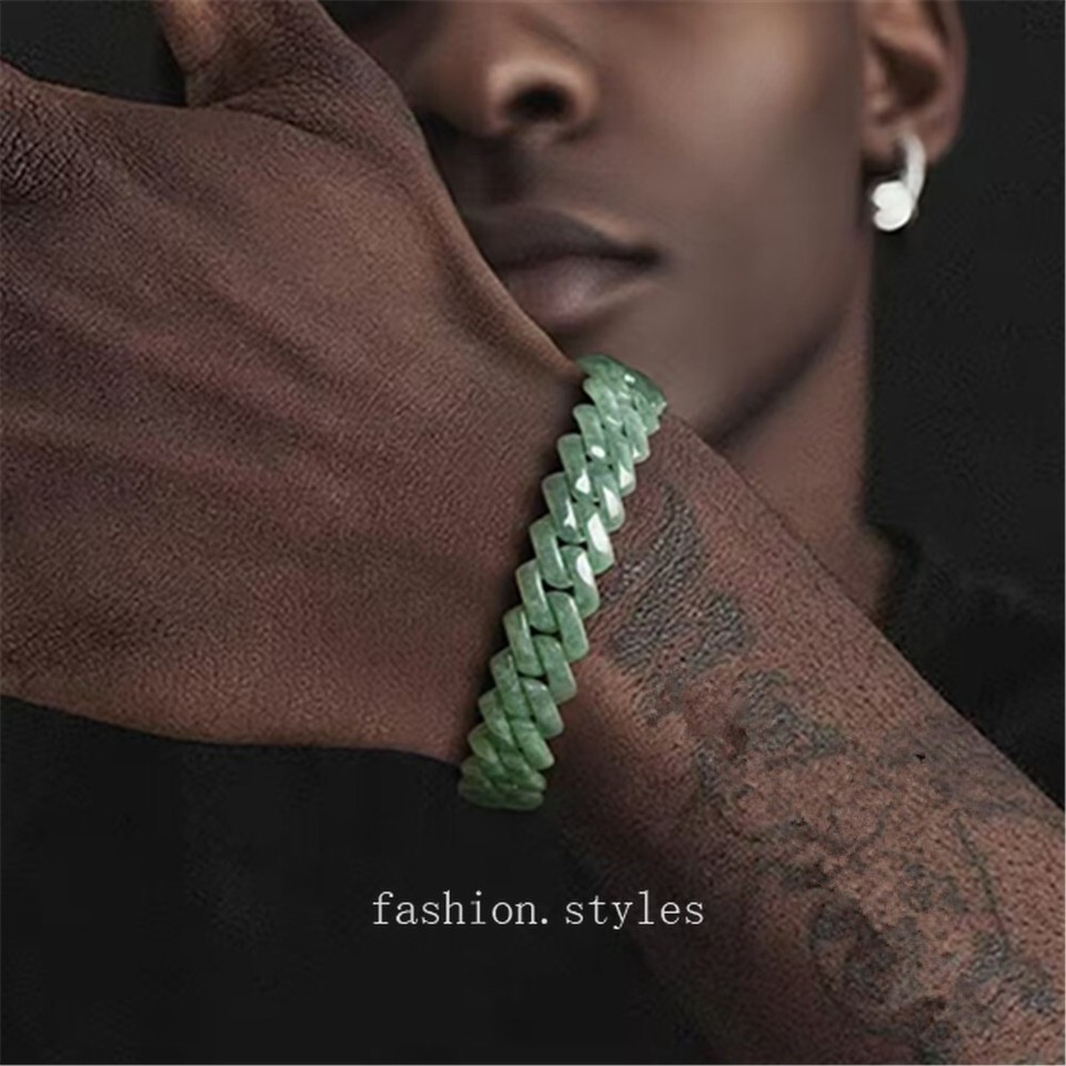 Real Grade A Natural Green Jade Jadeite Square Cuban Curb Link Bracelet ...