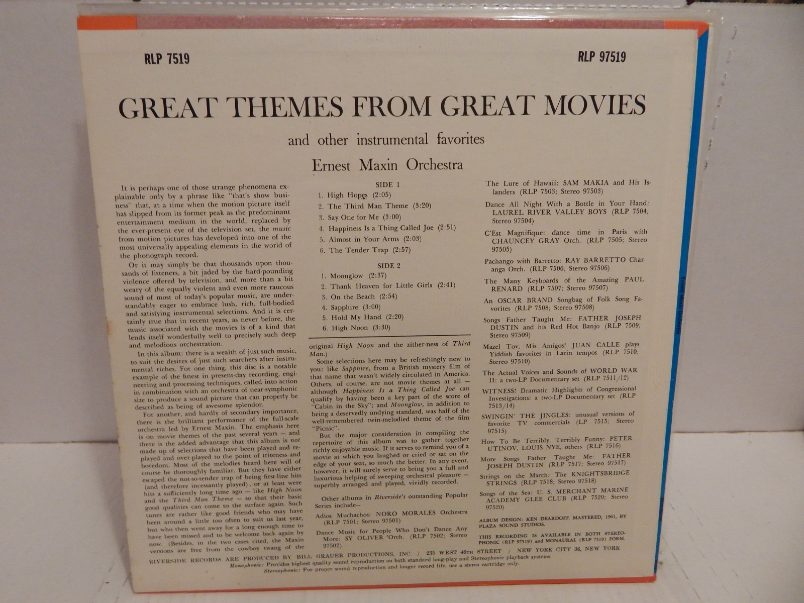 ERNEST MAXIN Great Themes from Great Movies 1962 Riverside 4519 Mono 1P ...