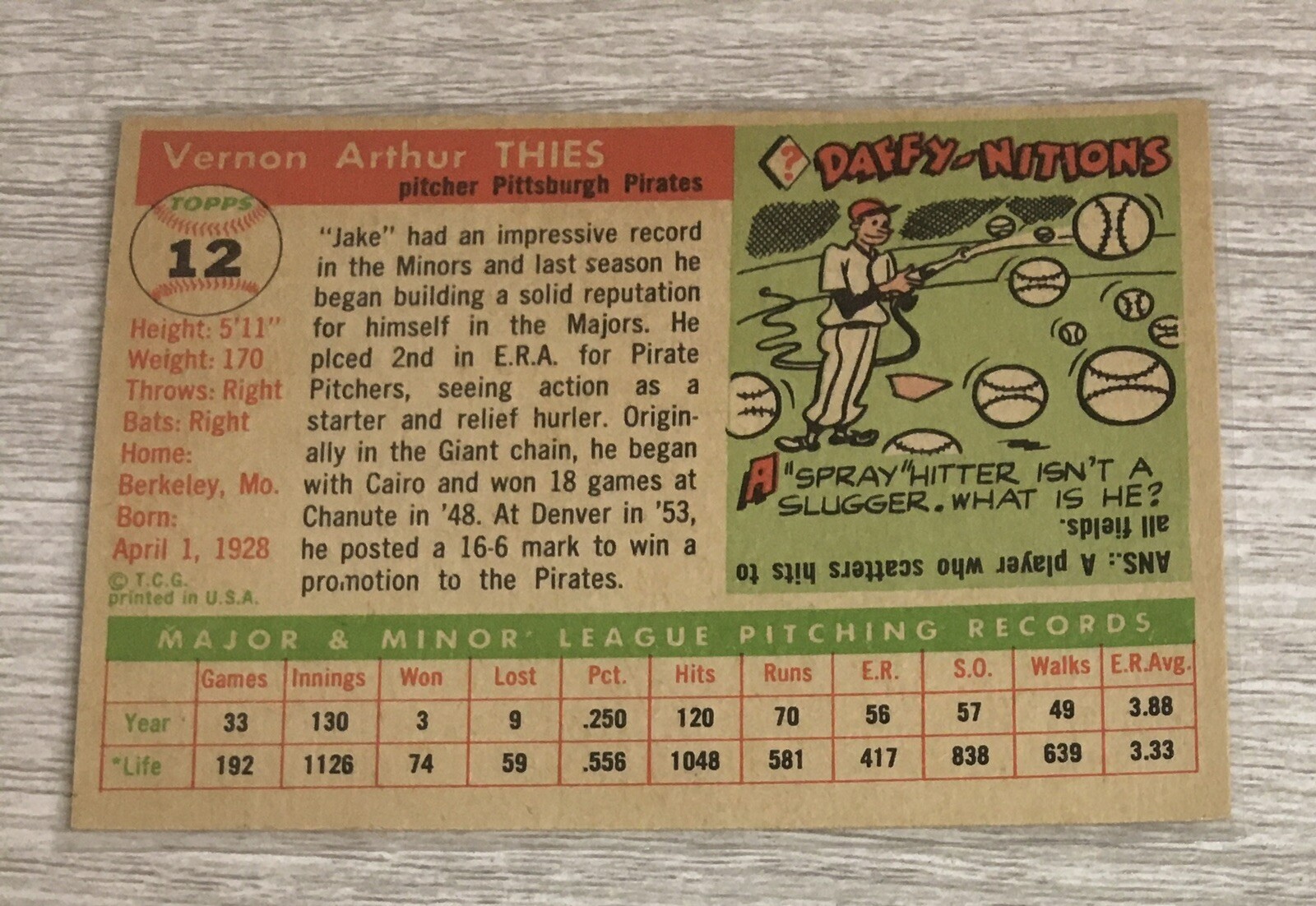 1955 Topps # 12 Jake Thies EXMINT- Vintage Pirates V4C | eBay