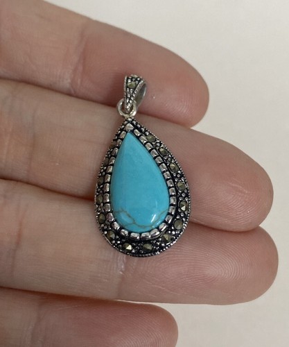 Vintage Signed SLC Sterling Silver Marcasite Teardrop Cut Turquoise ...