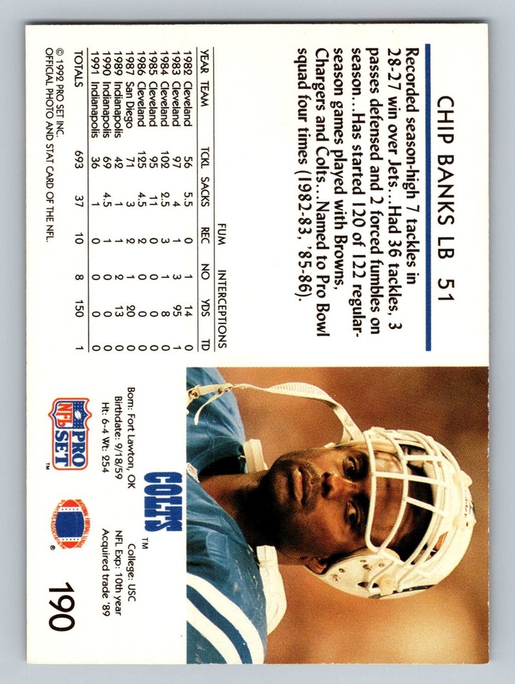 1992 Pro Set #190 Chip Banks Indianapolis Colts | eBay