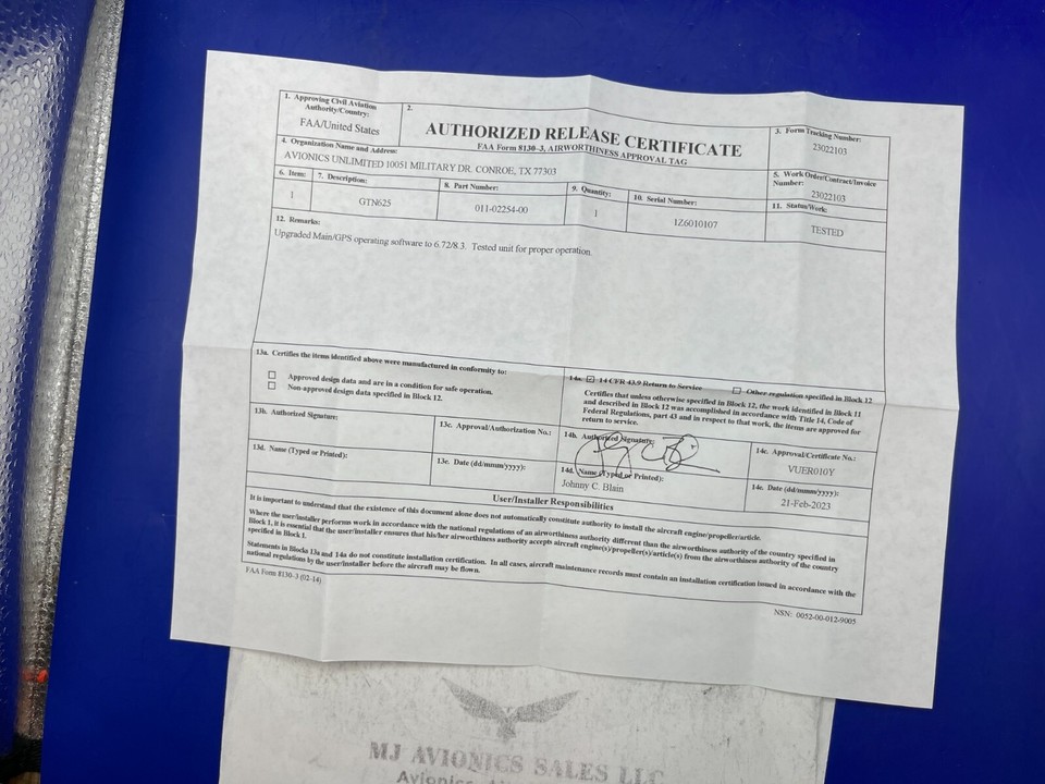 GARMIN GTN 625 WAAS GPS 14/28 VDC P/N 011-02254-00 WITH FAA FORM 8130-3 ...