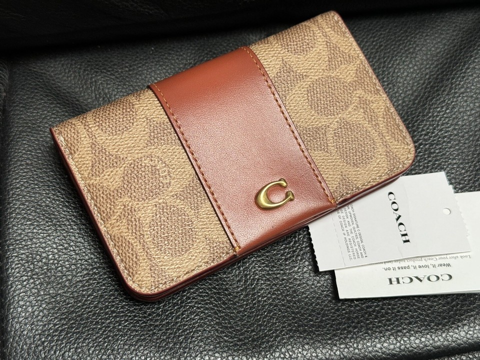 Coach Essential Slim Card Case In Signature Canvas CR542 NWT Brass/ Tan ...