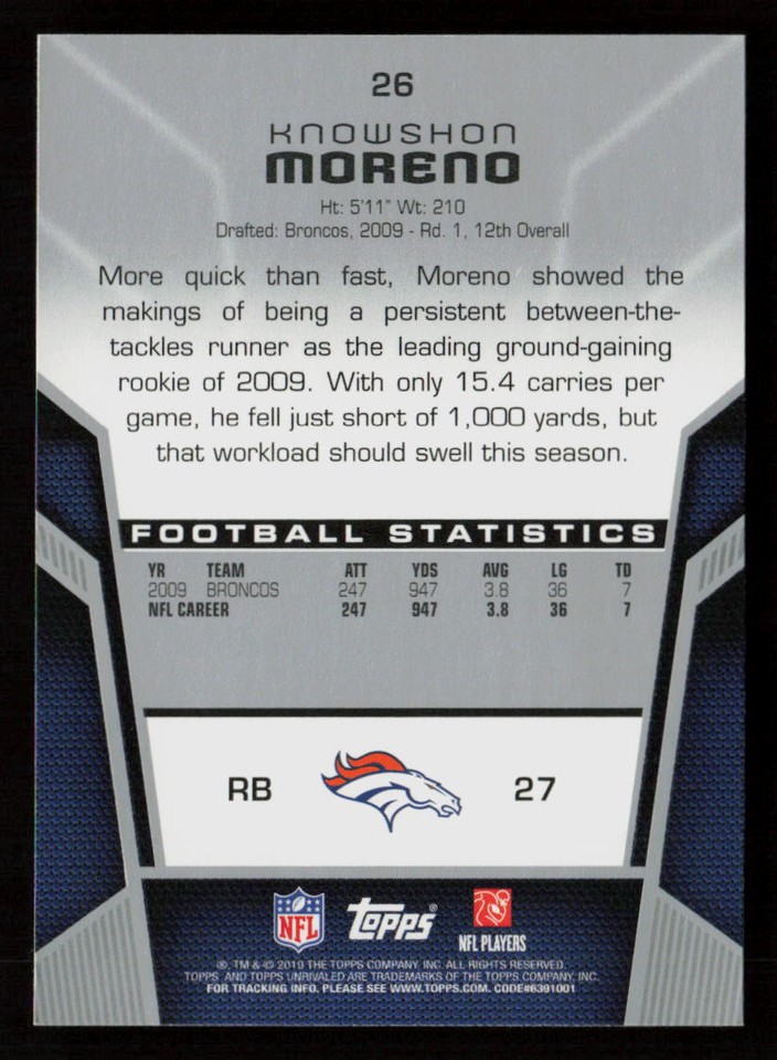 Knowshon Moreno 2010 Topps Unrivaled #26 Denver Broncos Football Card ...